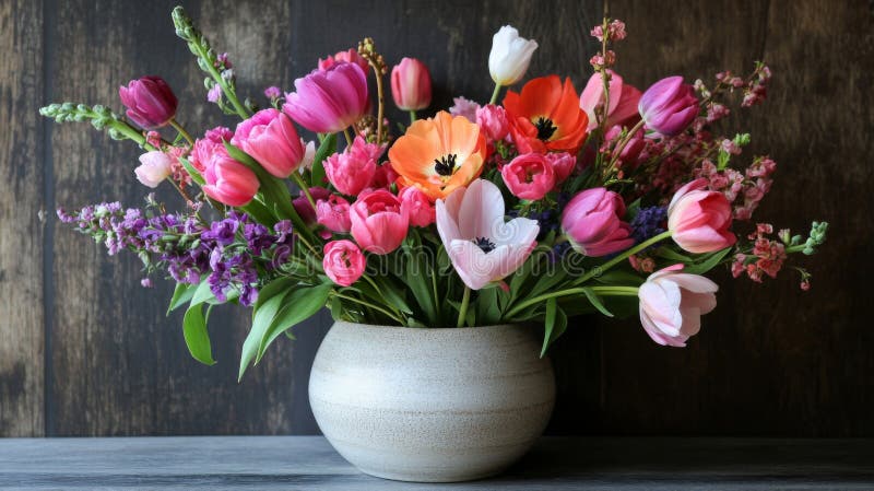 Vibrant Spring Flower Bouquet in a Ceramic Vase Stock Illustration ...