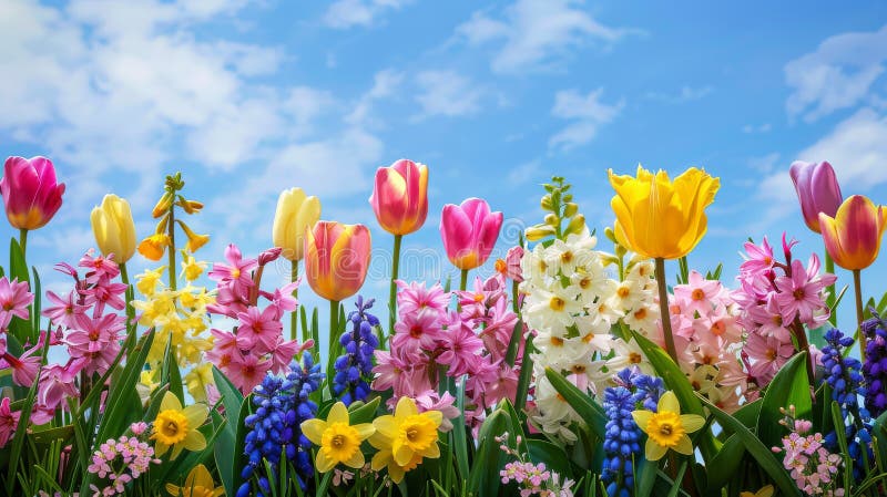 Vibrant Spring Flower Landscape with Tulips, Hyacinths, and Daffodils ...