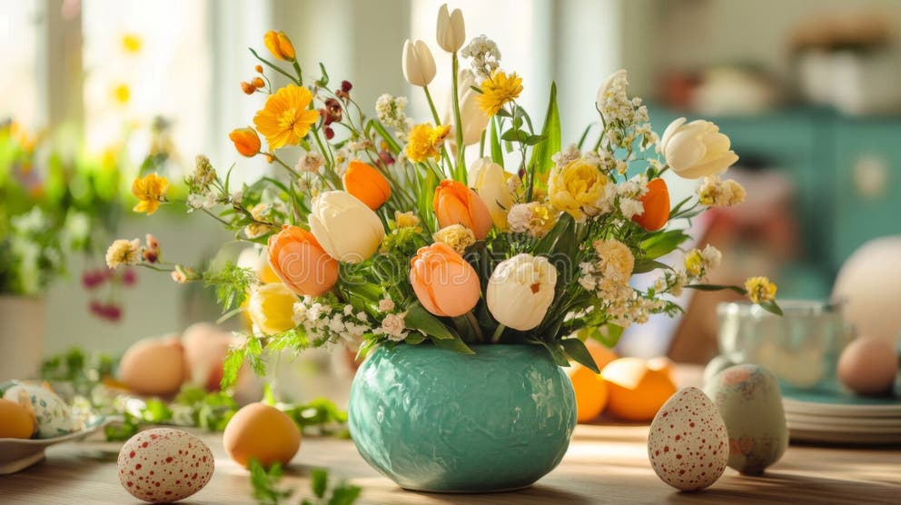 Vibrant Spring Flowers and Easter Eggs Table Decor Stock Illustration - Illustration of bright ...