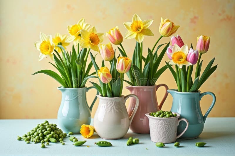 Vibrant Spring Flowers in Pastel Vases with Fresh Peas on Soft ...