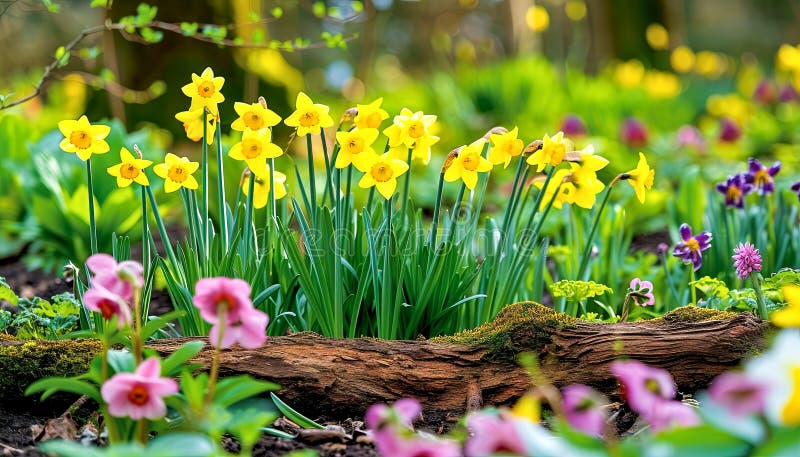 Vibrant Spring Flowers on Wooden Mossy Log Stock Illustration ...