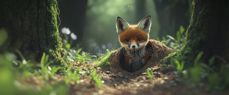 In a Vibrant Spring Forest, a Tiny Fox Cub Curiously Peeks Out from Its ...