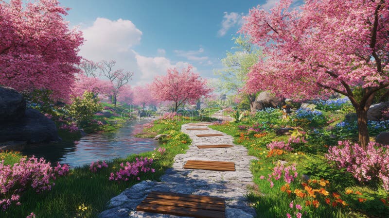 Vibrant Spring Garden Path with Cherry Blossoms Stock Illustration ...