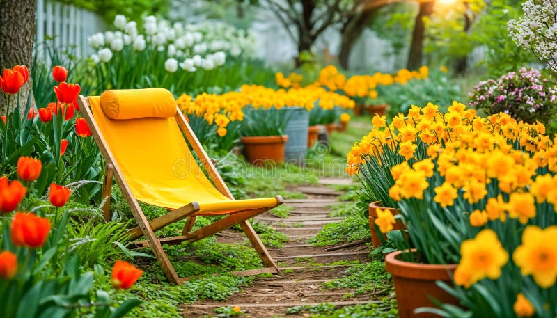 Vibrant Spring Garden Path with Yellow Deck Chair and Blooming Tulips ...