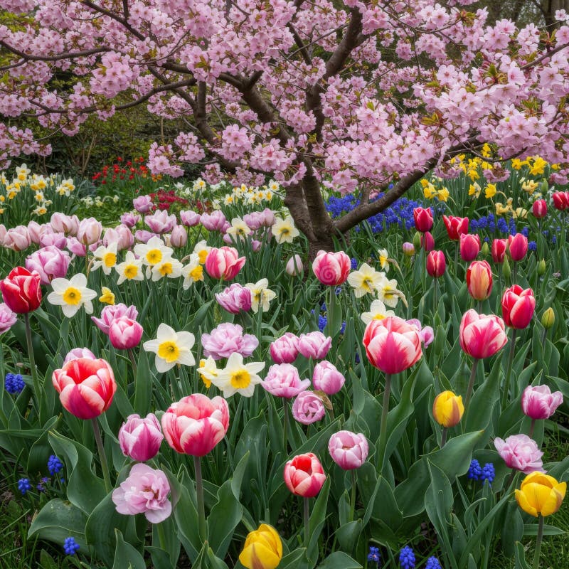 Vibrant Spring Garden with Pink Cherry Blossoms and Tulips Stock Illustration - Illustration of ...