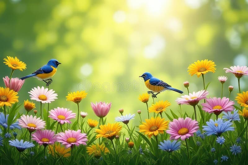 Vibrant Spring Landscape with Blooming Flowers and Chirping Birds Stock ...