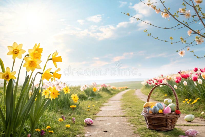 Happy Easter Spring Landscape Background with Fresh Spring Flowers ...