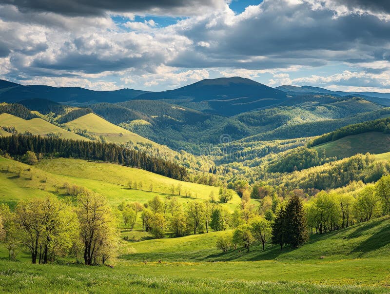 Vibrant Spring Landscape in Rolling Hills with Lush Greenery and Mountains Stock Illustration ...