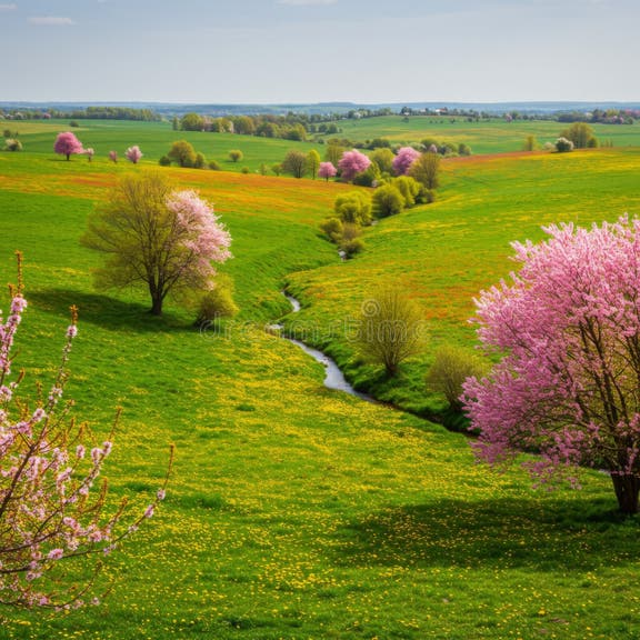 Vibrant Spring Meadow Landscape with Pink Trees and Stream Stock ...