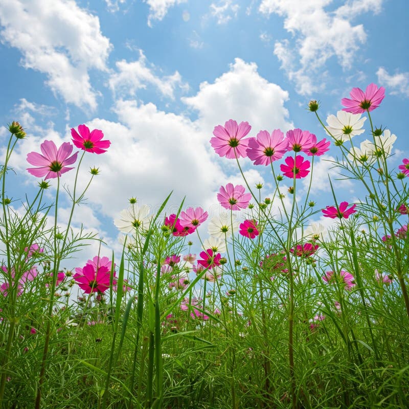 Vibrant Spring Scene: Pink and White Cosmos with Fluffy Clouds Stock ...