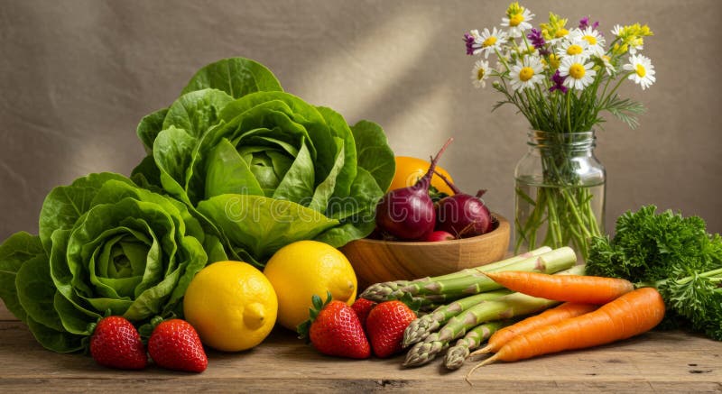 Vibrant Spring Vegetables and Fruits Still Life Stock Illustration ...
