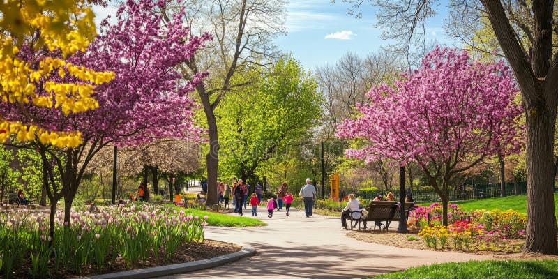 A Vibrant Springtime Park with Blooming Trees, Children Playing, and ...