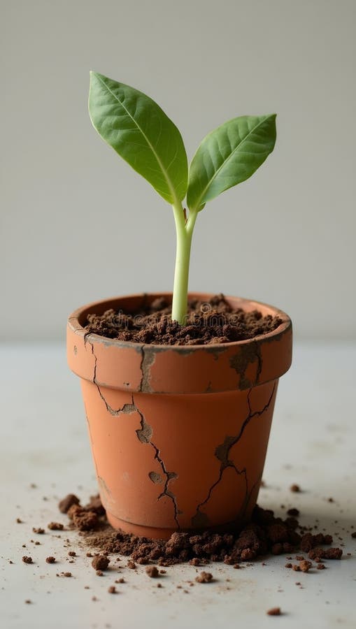 Vibrant Sprout Emerging from Cracked Terracotta Pot Stock Illustration ...