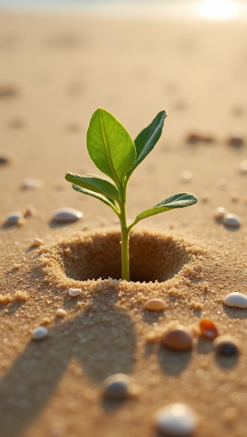 Vibrant Sprout Emerging from Golden Sand with Scattered Shells on Sunny ...