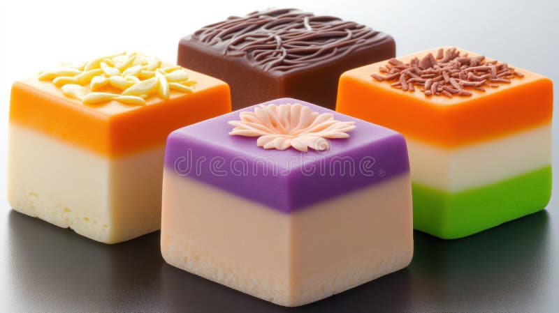 Colorful Layered Desserts with Intricate Toppings on a Sleek Black ...