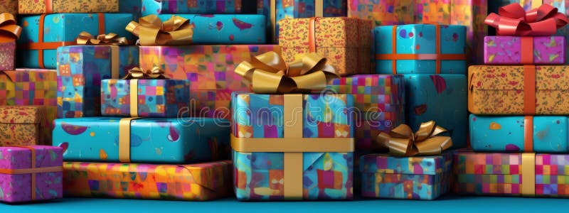 A Vibrant Stack of Beautifully Wrapped Gift Boxes in Various Sizes and ...