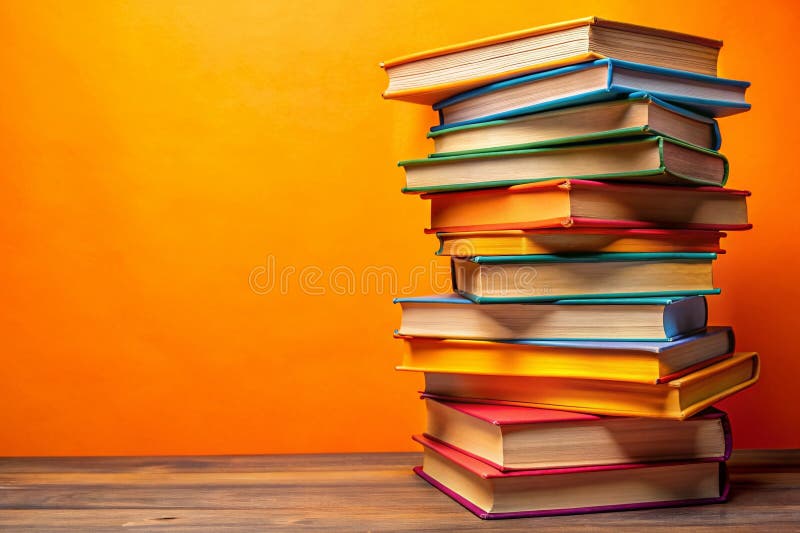 Vibrant Stack of Books Against a Bold Orange Background a Panoramic ...
