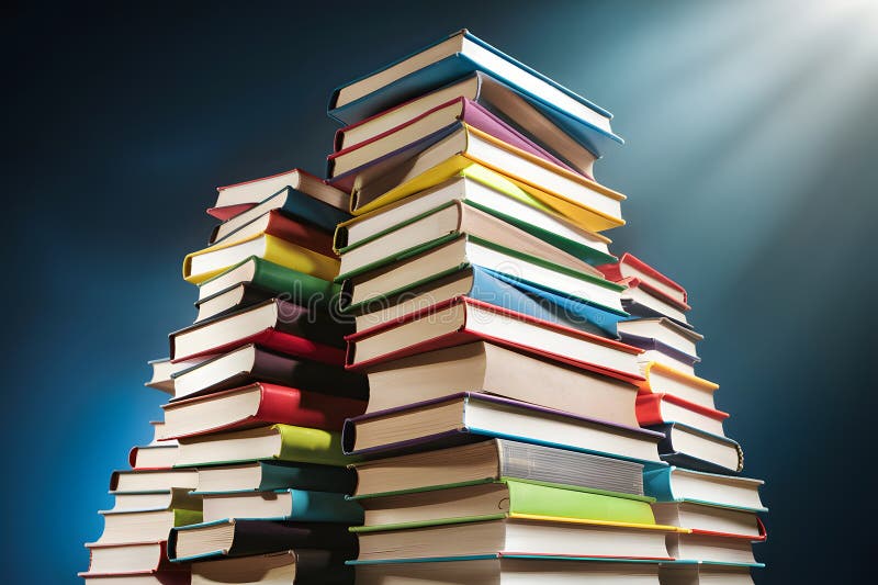 Vibrant Stack of Books on Blue Background, Light Shines from Top Corner ...