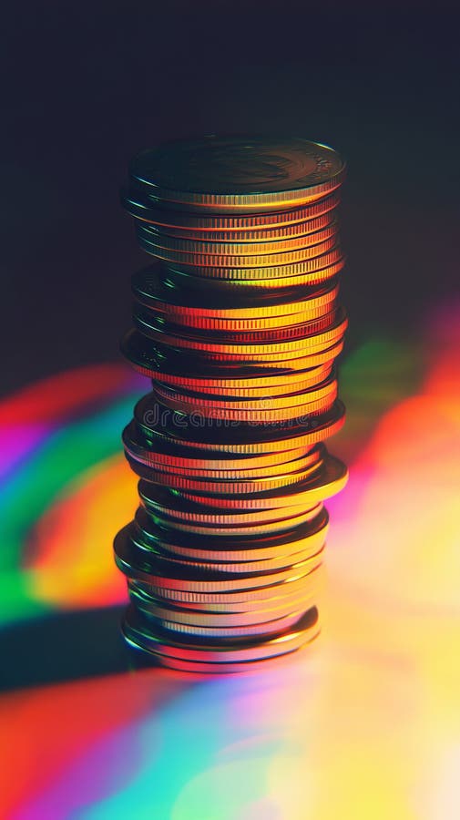 Vibrant Stack of Coins with Colorful Light Reflections in a Dark ...