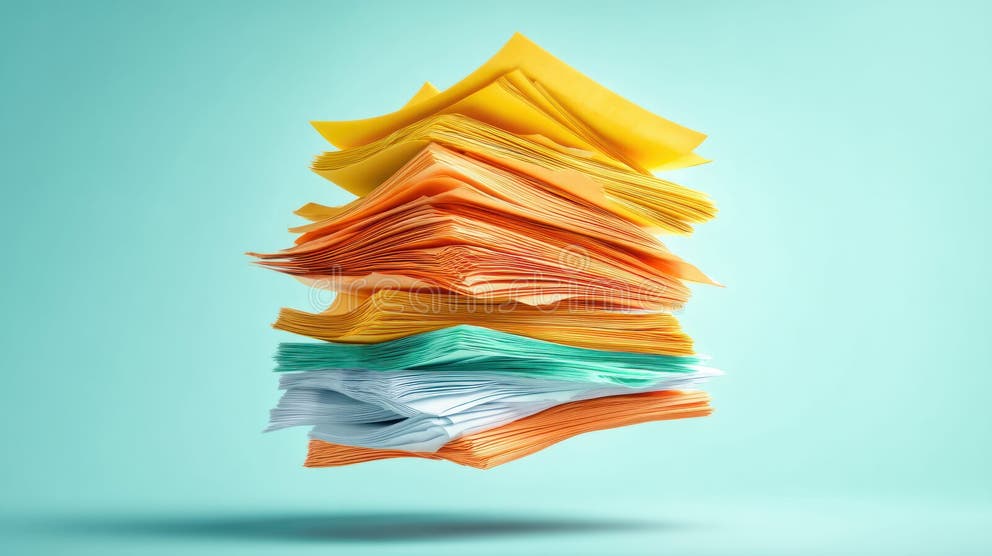 A Vibrant Stack of Colorful Papers Floats Against a Light Blue ...