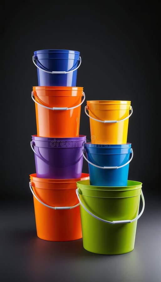 Vibrant Stack of Colorful Plastic Buckets Against Dark Background Stock ...