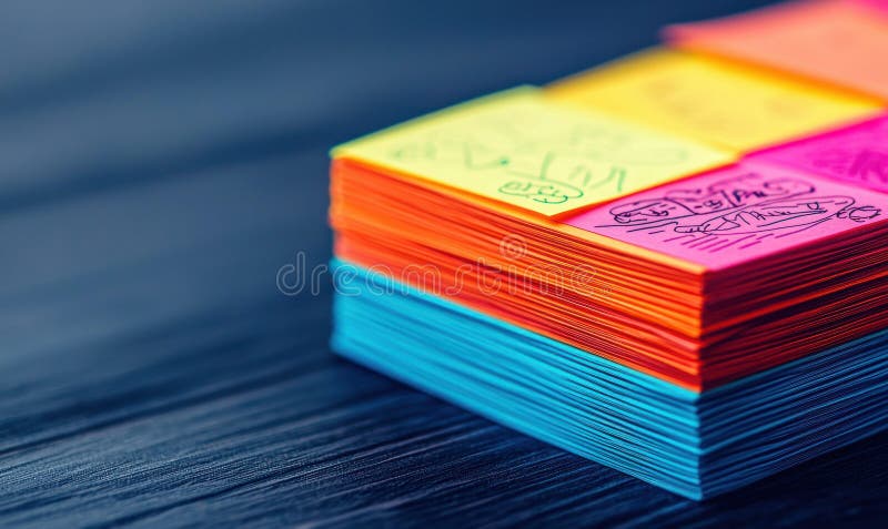A Vibrant Stack of Colorful Sticky Notes Sits on a Dark Wood Table ...