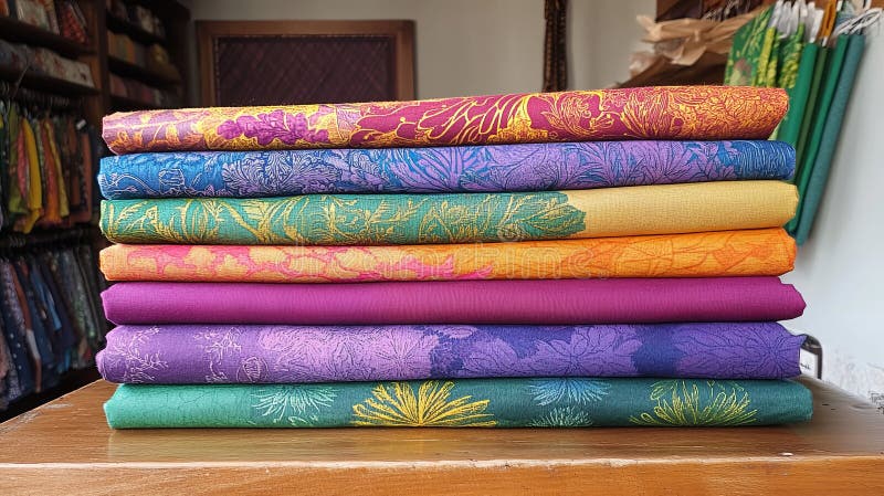 A Vibrant Stack of Fabric Bolts Displayed in a Sewing Shop Stock Image ...
