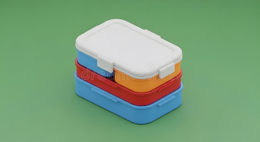 Stacked Bento Boxes in Blue, Red, Orange, and White on Green Background ...
