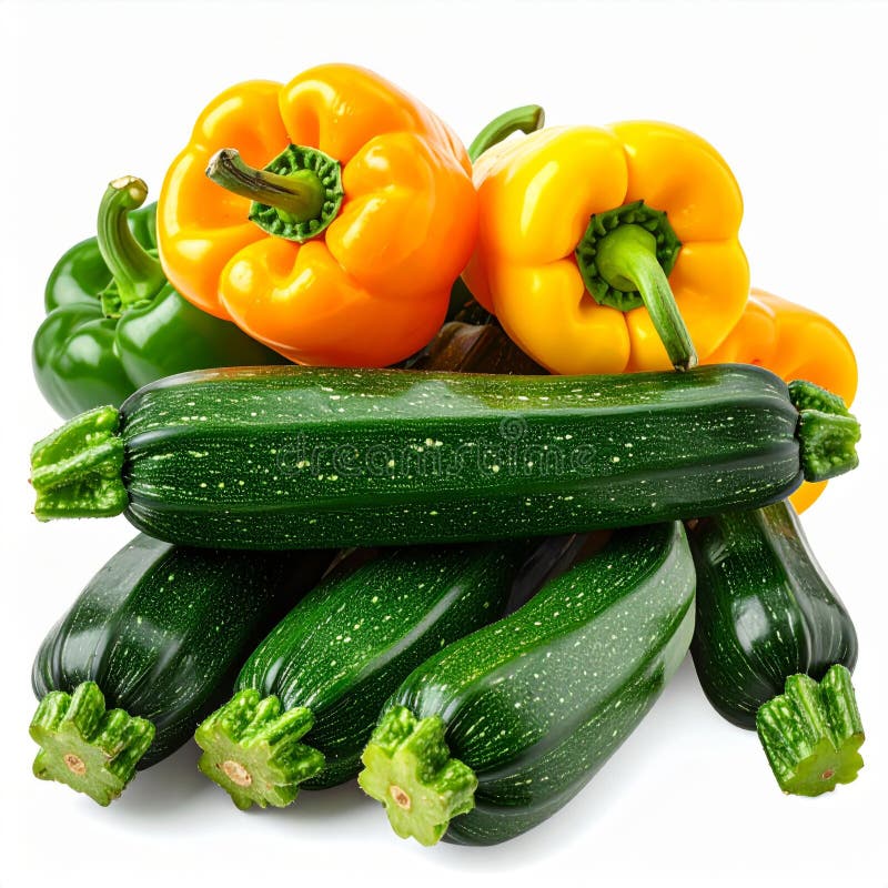 Vibrant Stack of Fresh Green Zucchinis and Colorful Bell Peppers on White Background Stock ...