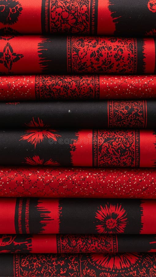 Vibrant Stack of Ikat Dyed Cotton Fabrics in Red and Black Patterns ...