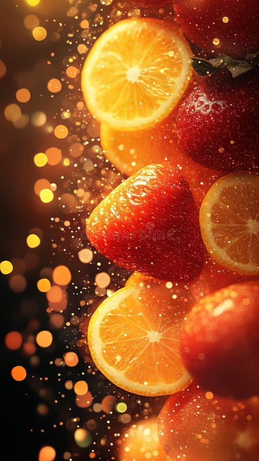 Vibrant Stack of Juicy Oranges and Strawberries with Sparkling Water ...