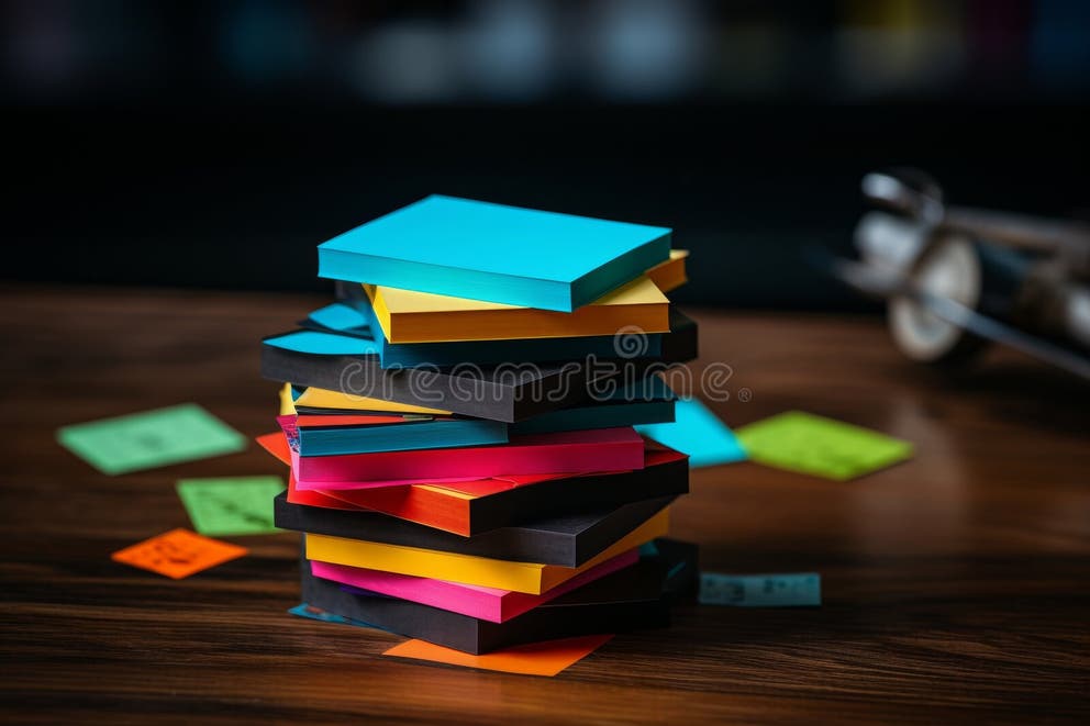 Vibrant Stack of Multicolored Sticky Notes on a Dark Wooden Desk ...