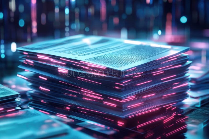 Colorful Stack of Papers Illuminated by Neon Lights in a Futuristic ...