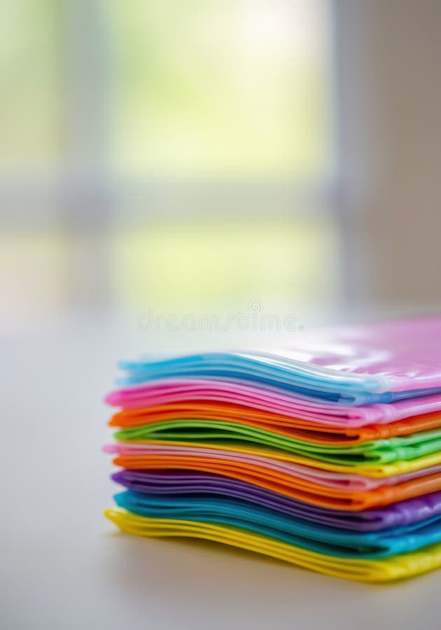 Colorful Stack Plastic Folders Arranged Neatly Table Stock Photos ...
