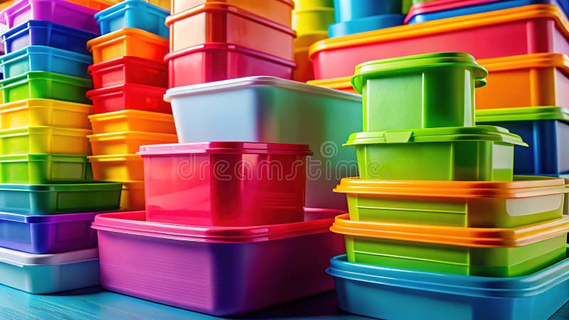 Vibrant Stack of Plastic Storage Containers in Assorted Sizes and ...