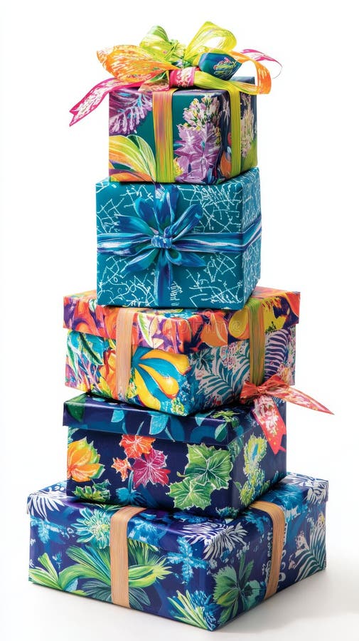 Vibrant Stacked Gift Boxes with Floral and Tropical Patterns Stock ...