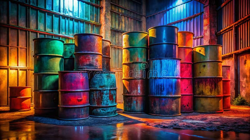 Vibrant Stacked Paint Barrels in a LowLight Studio Setting a Stunning ...