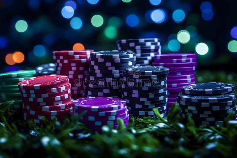 Colorful Casino Poker Chips Set Against Vibrant Bokeh Lights for Gaming ...