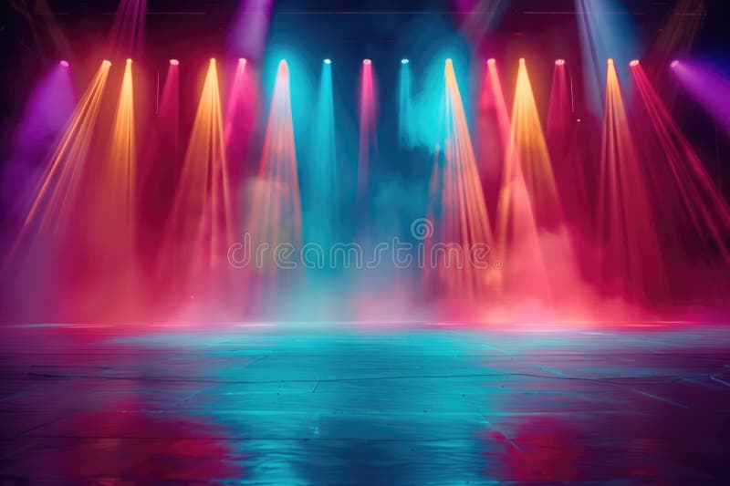 Vibrant Stage Illuminated with Colorful Spotlights and Fog Creating an ...