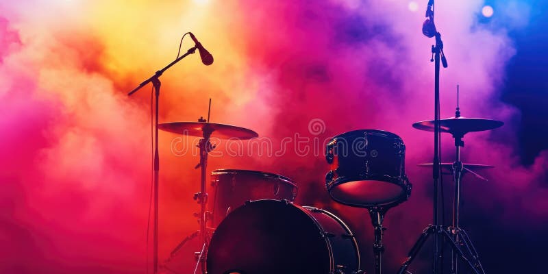 Vibrant Stage Performance with Colorful Smoke and Musical Instruments ...