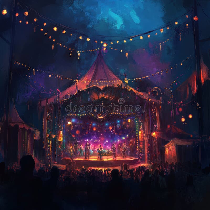 A Vibrant Stage Performance Under a Tent with Crowd and String Lights ...