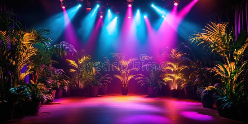 Vibrant Stage Setup with Colorful Lighting and Tropical Plants for ...