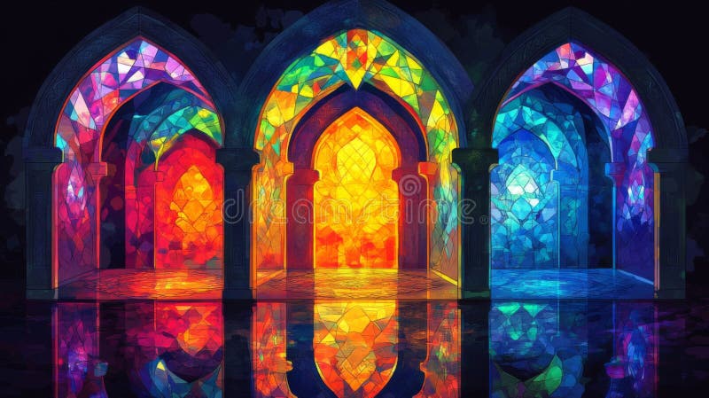 Vibrant Stained Glass Archway Windows Illuminate a Dark Room Stock ...