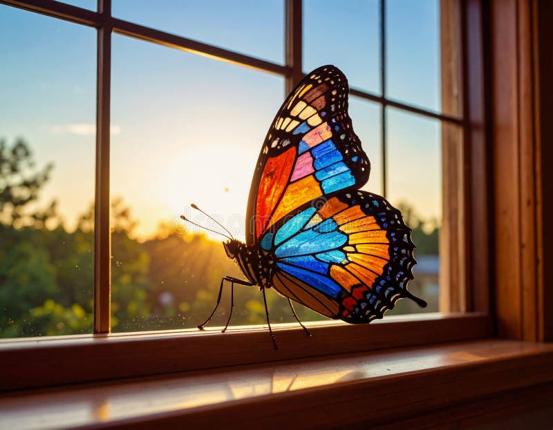 Vibrant Stained-glass Butterfly on a Window Ledge at Sunset Stock ...