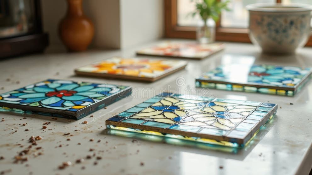 Vibrant Stained Glass Coasters on Marble Kitchen Countertop Stock ...