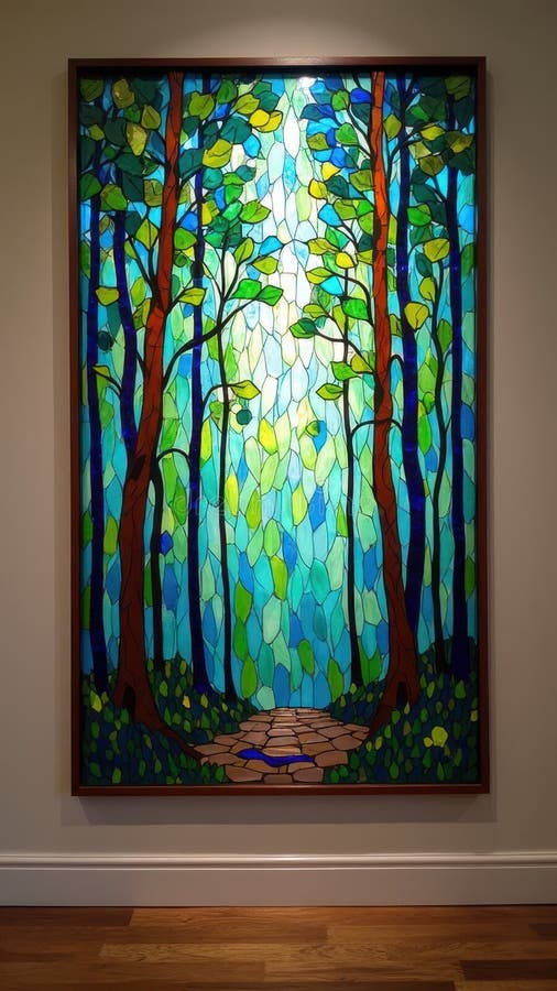 Vibrant Stained Glass Forest Path Installation in Gallery with Wooden ...