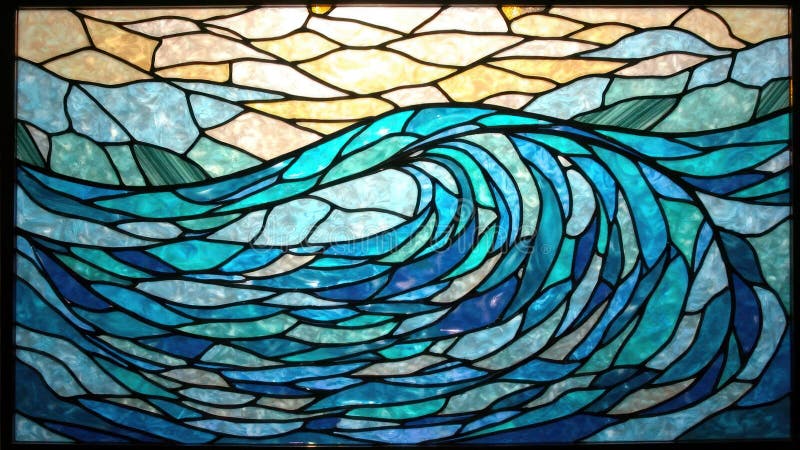 Vibrant Stained Glass Ocean Wave Design with Blue Shades and Light ...