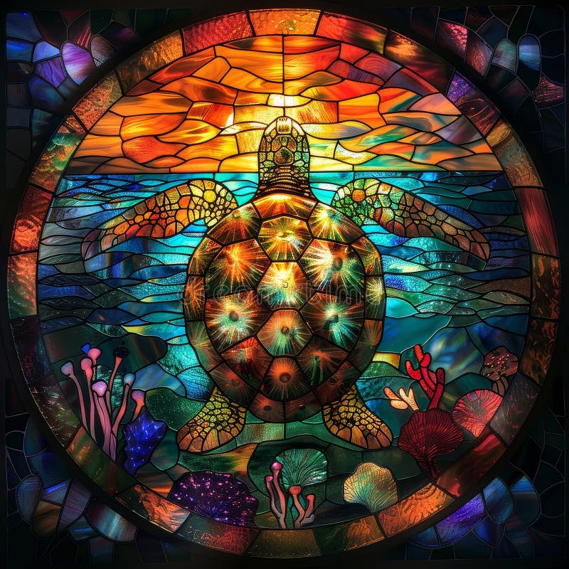 Vibrant Stained Glass Turtle Colorful Stained Glass Sea Turtle Stock