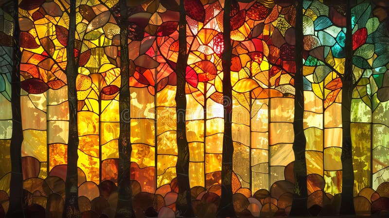 Vibrant Stained Glass Window Art Featuring Autumn Forest Scene Stock ...