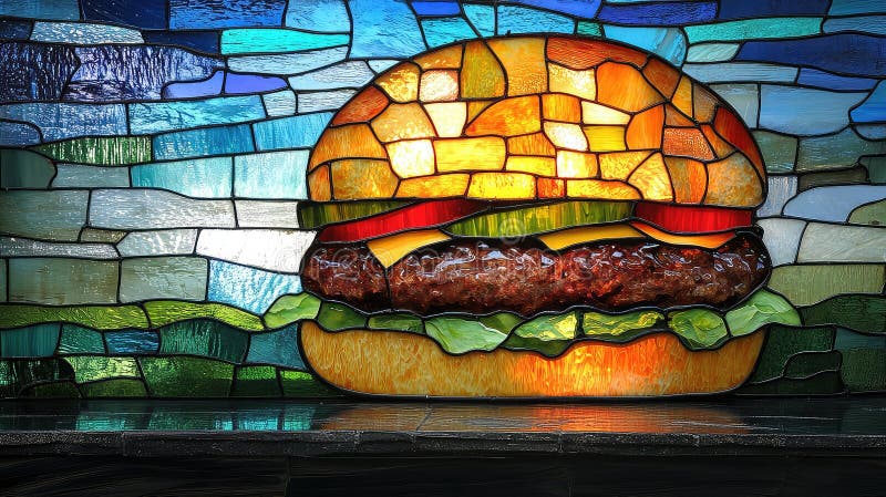 Vibrant Stained Glass Window Featuring a Large Hamburger in the Center, Perfect for Creative and ...